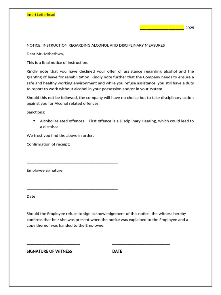 Instruction To Employee - Refusal of Assistance With Alcohol | PDF