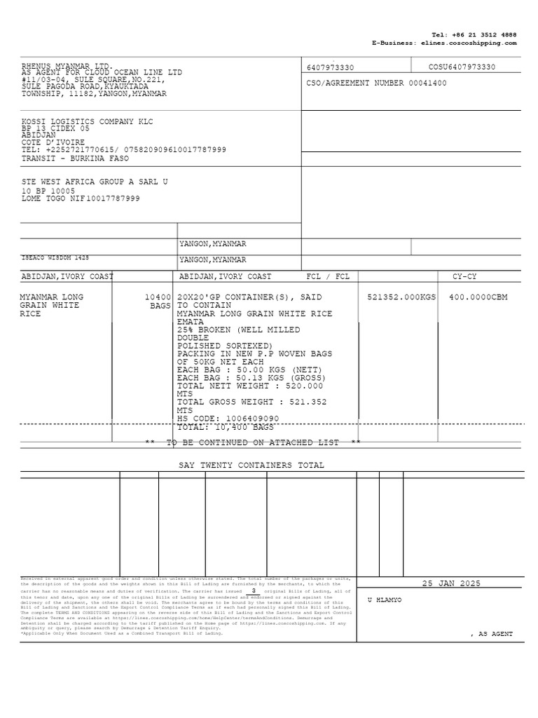 2nd Shipment Shipping Line BL | PDF | Cargo | Bill Of Lading
