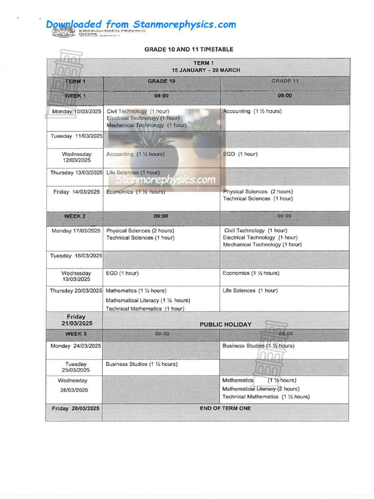 KZN Common TEST Timetable for 2025 Updated | PDF