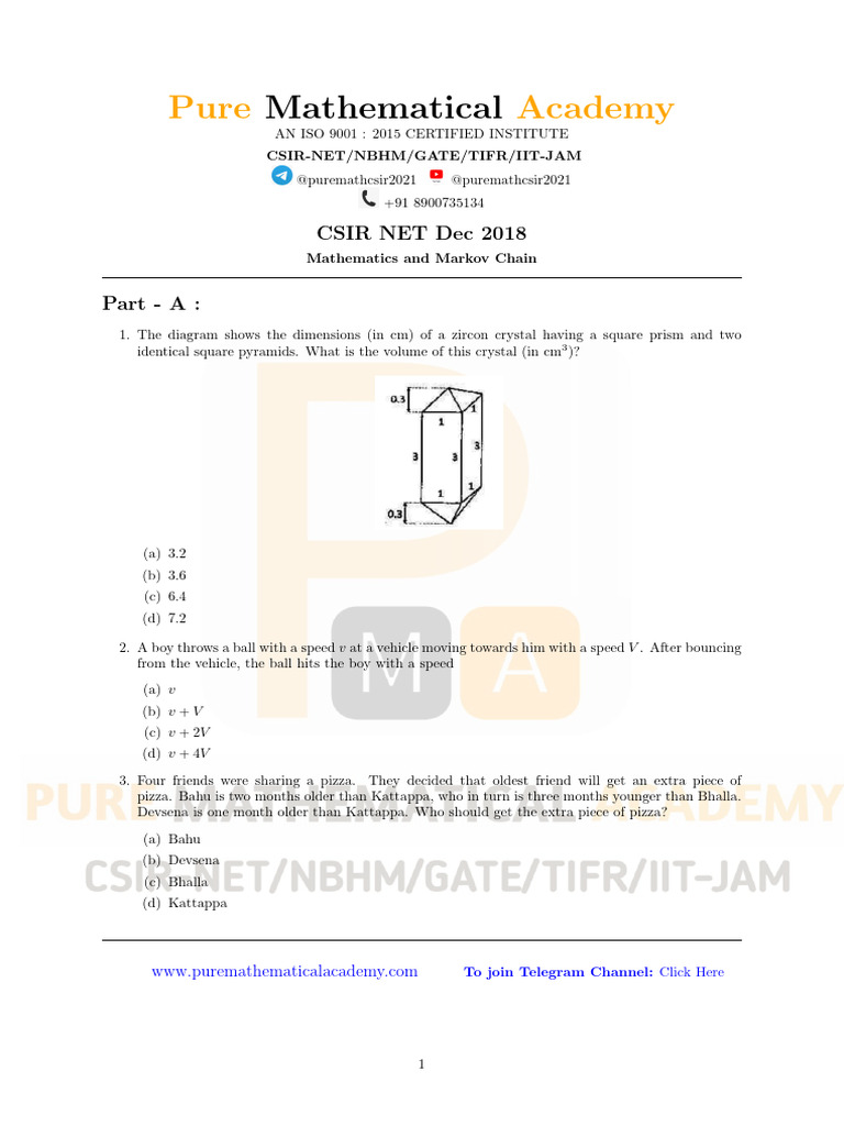 CSIR NET December 2018 Mathematics Question With Answer Key - Pure Mathematical Academy | PDF ...