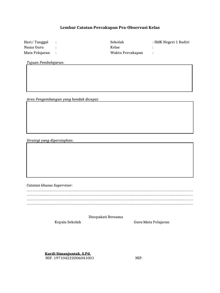 1 - Lembar Catatan Percakapan Pra-Observasi Kelas NINI | PDF