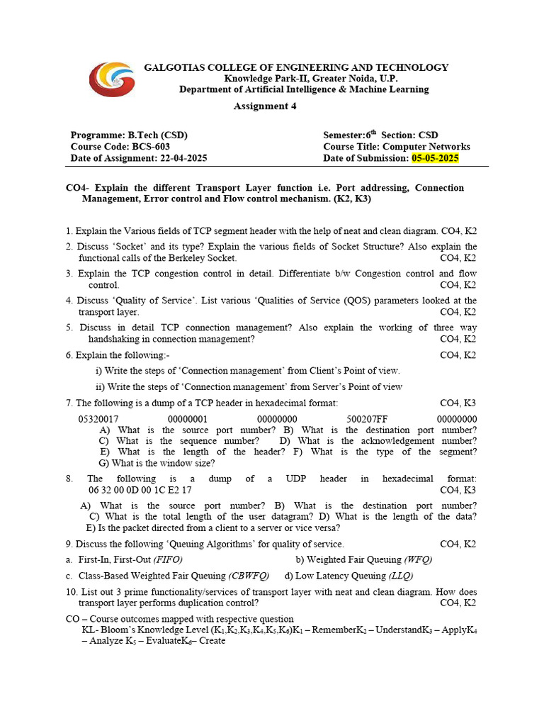 Assignment 4 Unit 4 - CN - 2024-25 | PDF | Transmission Control Protocol | Port (Computer ...