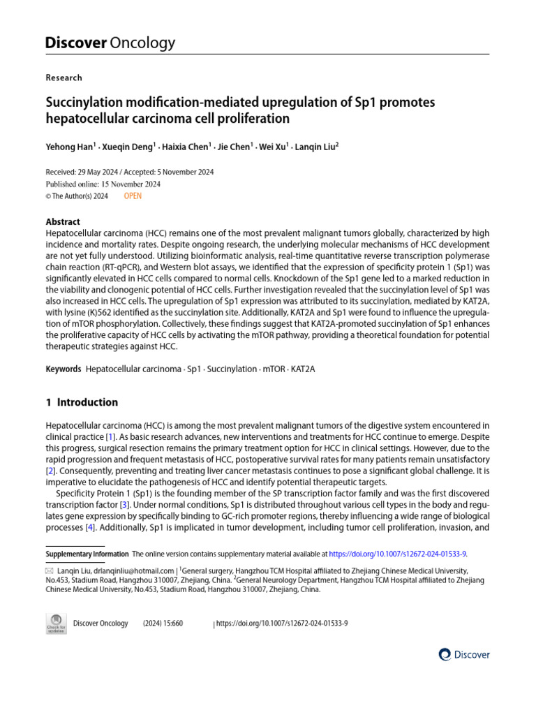 Succinylation modifcation‑mediated upregulation of Sp1 promotes ...