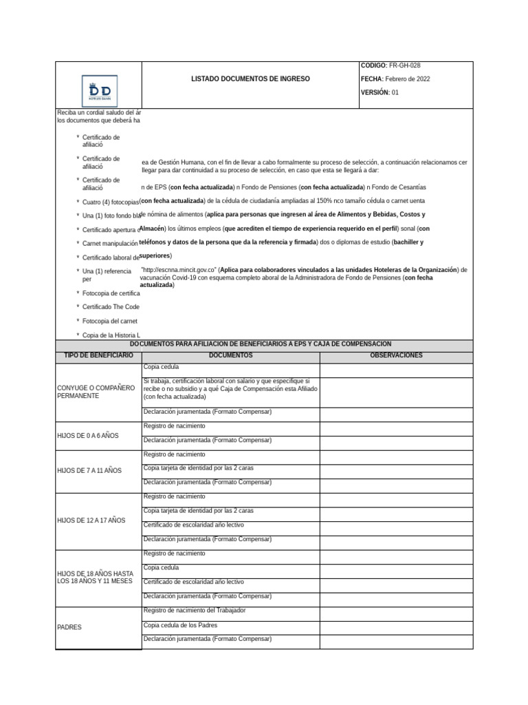 FR-GH-028 Listado Documentos de Ingreso | PDF