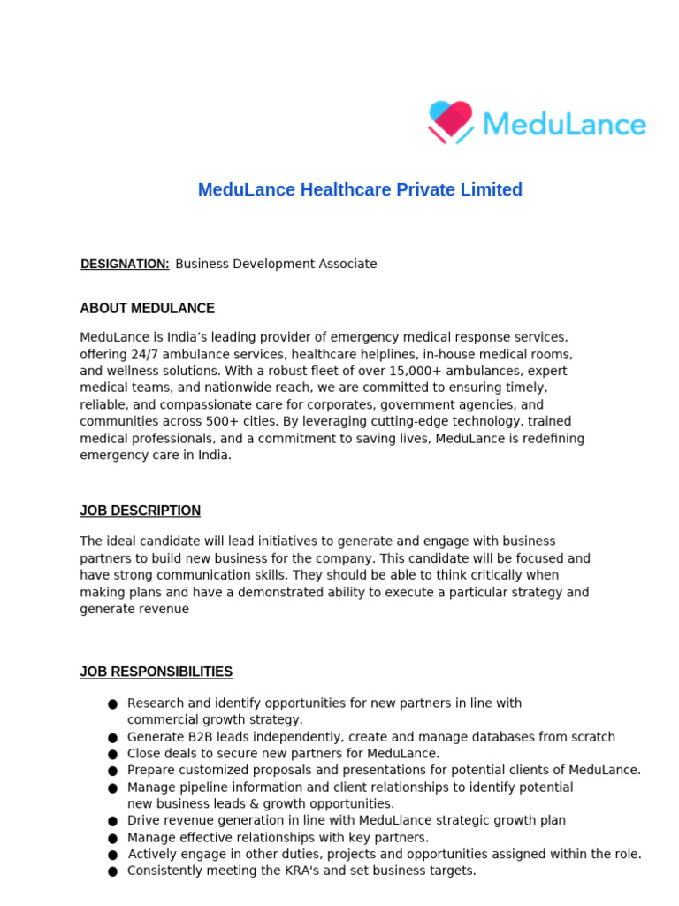 Business Development Associate at MeduLance | PDF | Marketing | Business