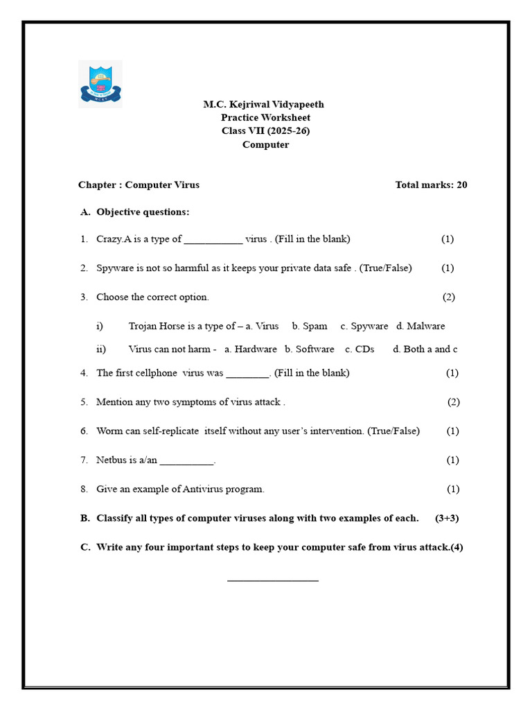 Computer Virus Worksheet for Class VII | PDF