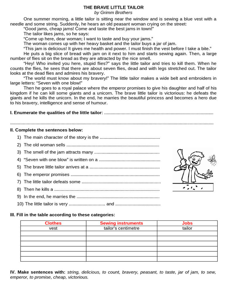 Worksheet 1 - The Brave Little Tailor | PDF | European Folklore | Fairies