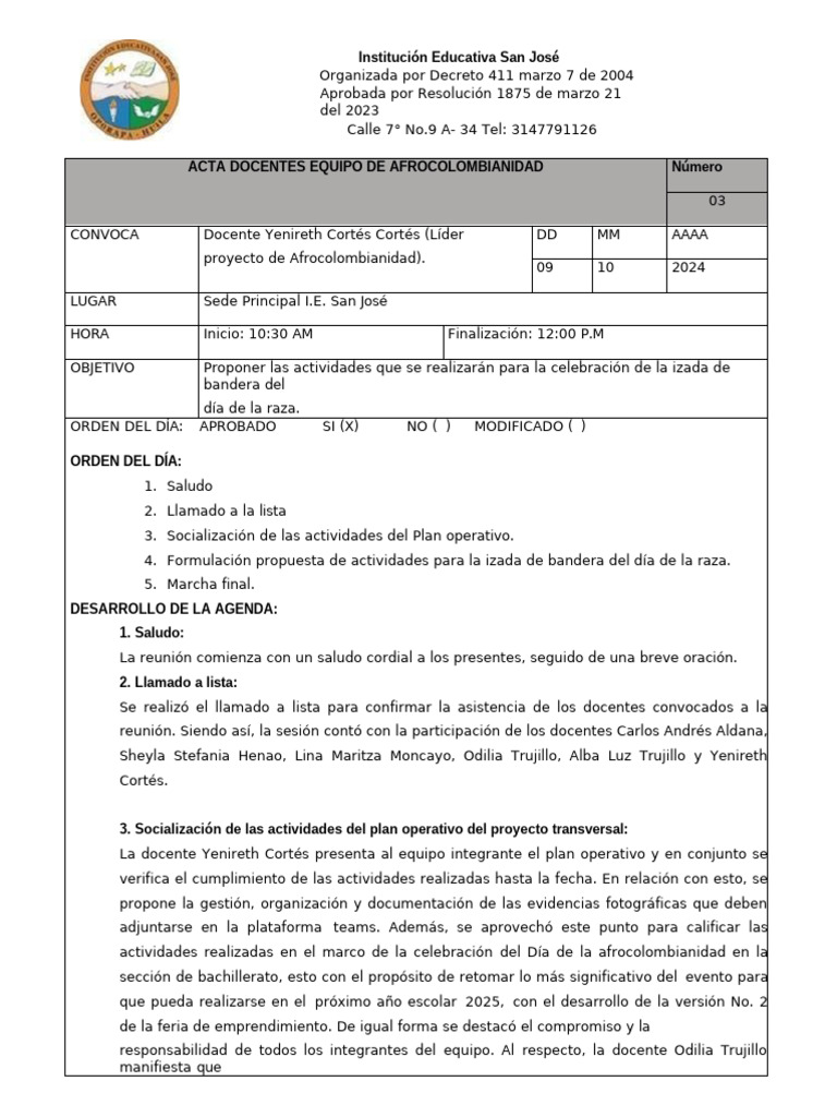 Acta 03 Proyecto de Afrocolombianidad | PDF