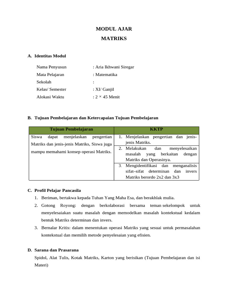 Modul Ajar Matriks | PDF