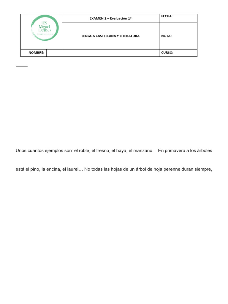 Examen Lengua T2 | PDF | Hoja | Arboles