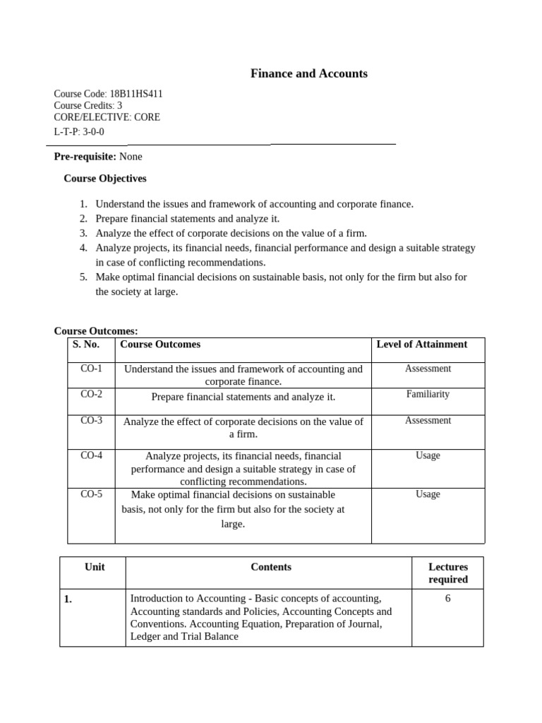 Course Outline - Finance and Accounts | PDF | Capital Budgeting | Net ...