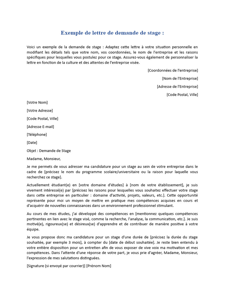 Exemple de lettre de demande de stage | PDF