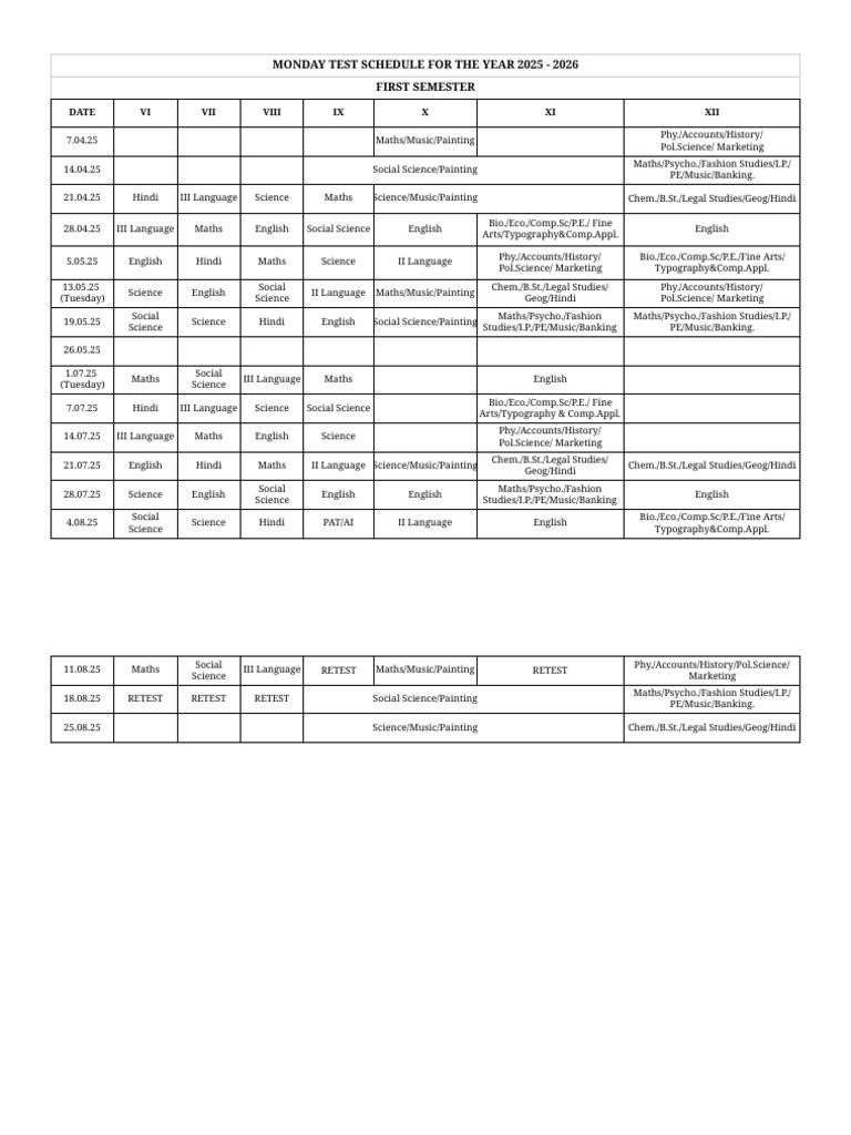 Monday Test Schedule 2025-26 | PDF