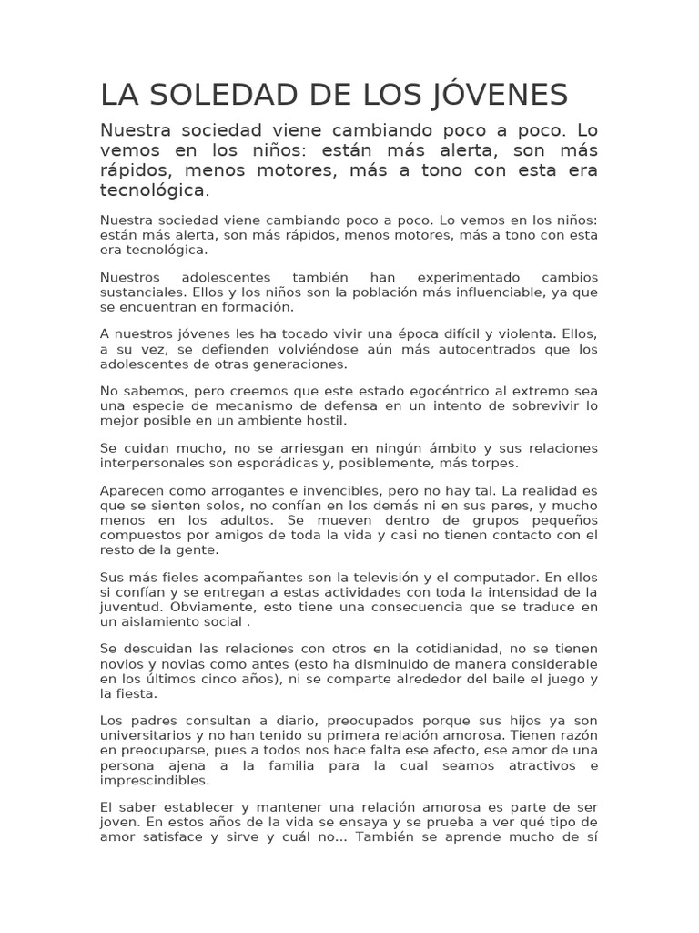 La soledad en la juventud actual | PDF | Amor | Soledad