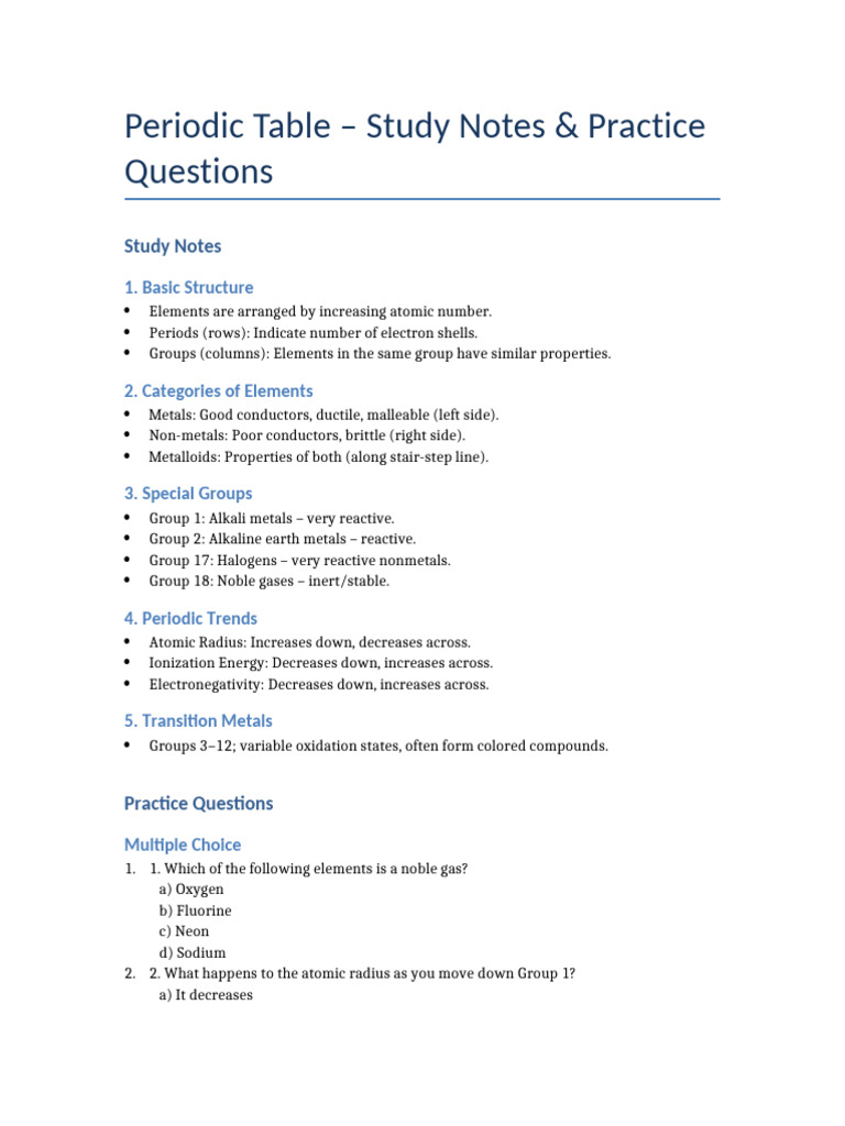 Periodic Table Notes and Questions | PDF