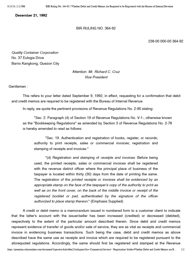 BIR Ruling on Debit and Credit Memo Registration | PDF | Invoice ...
