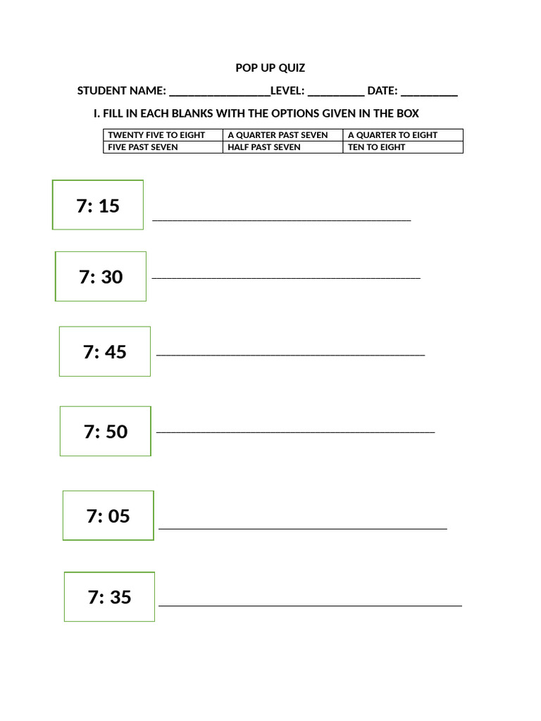 Pop Up Quiz - Telling The Time | PDF