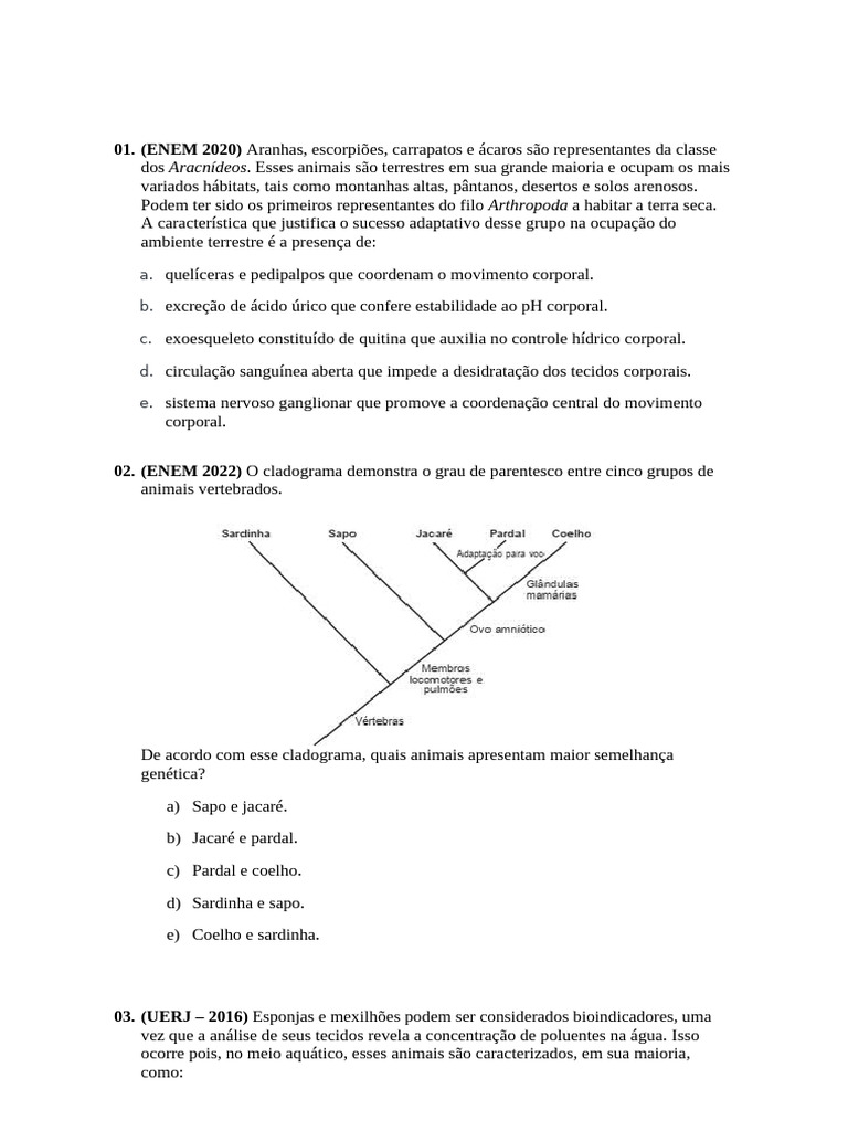 Lista de Exercicios - Aula 13 - Taxonomia, Filogenia e Reino Animal ...
