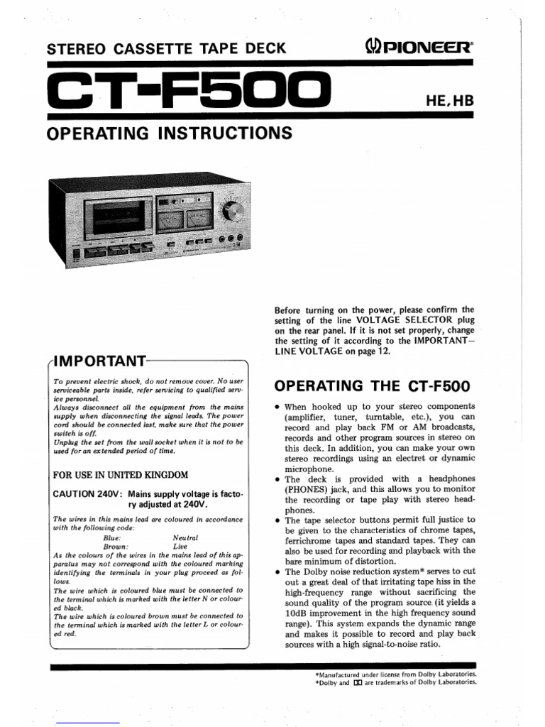 Pioneer CT-F500 Operating Manual | PDF