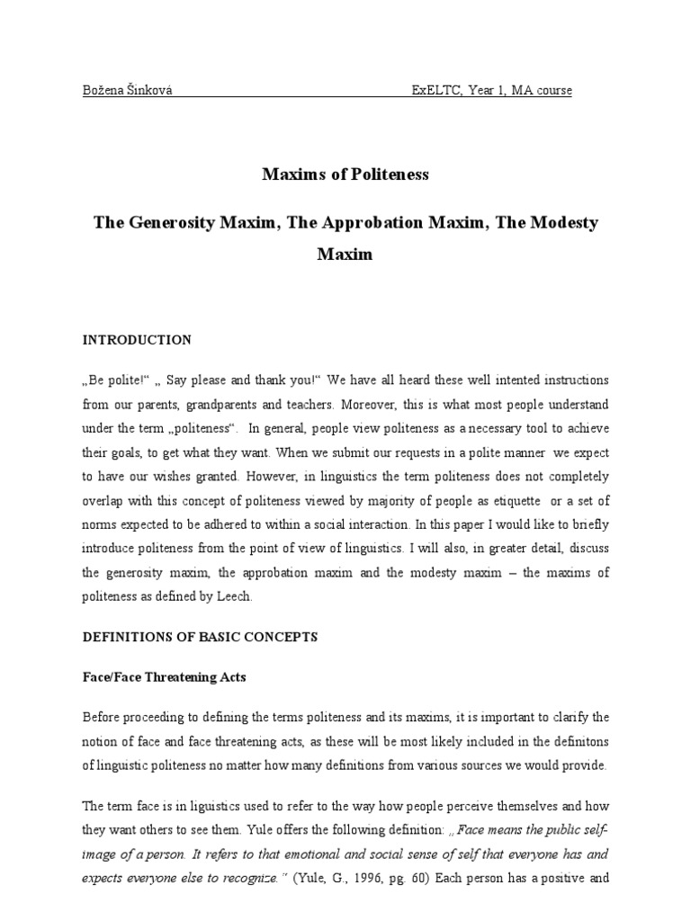 Maxims of Politeness Essay | PDF | Definition | Etiquette