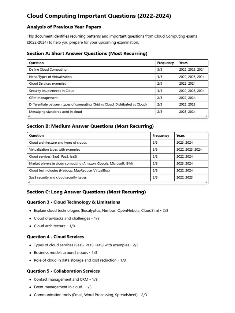 Cloud Computing Important Questions (2022-2024) | PDF | Cloud Computing | Virtualization
