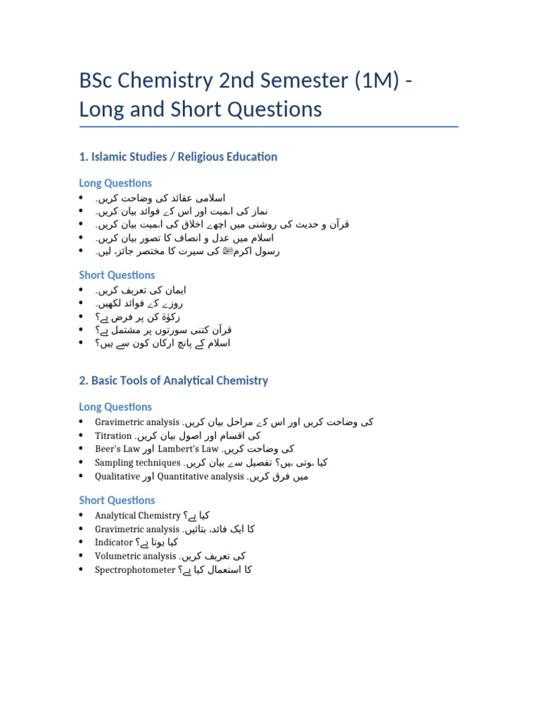 BSC Chemistry 2nd Semester Questions | PDF