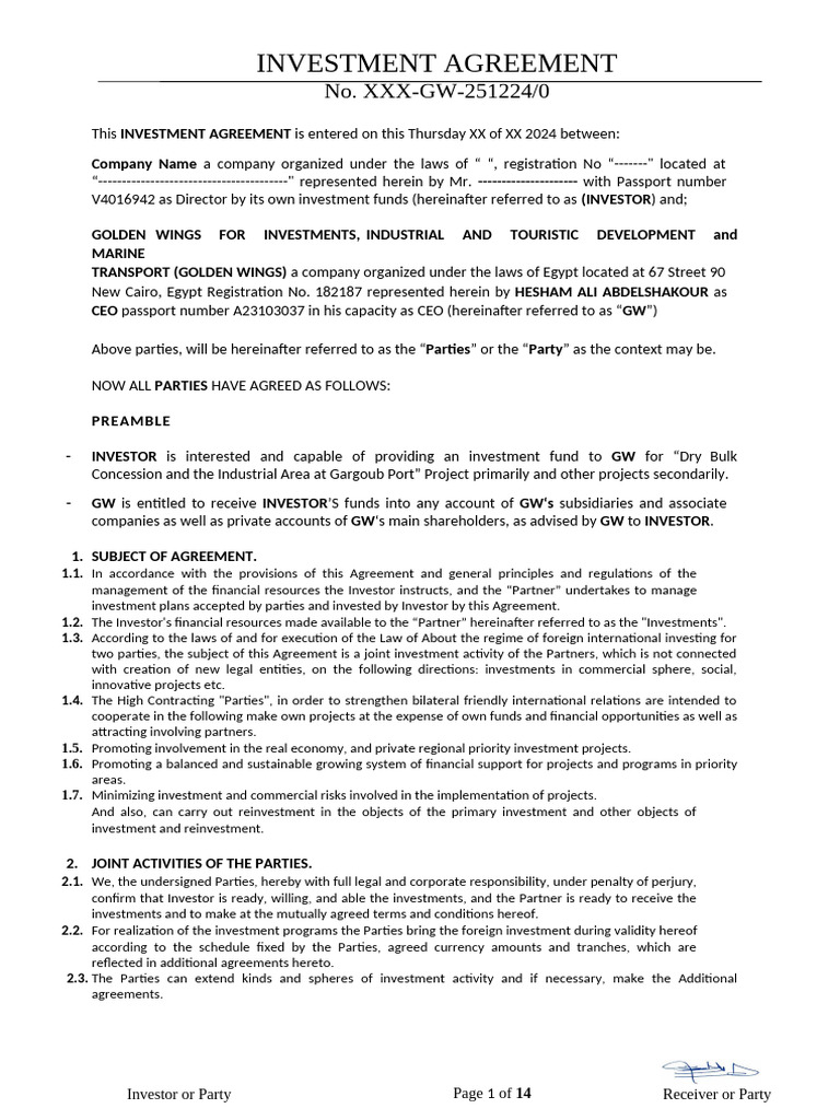 Draft Investment Agreement | PDF | Investing | Credit