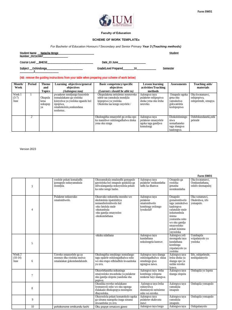 Oshindonga Scheme of Work 2023 | PDF | Learning | Teaching