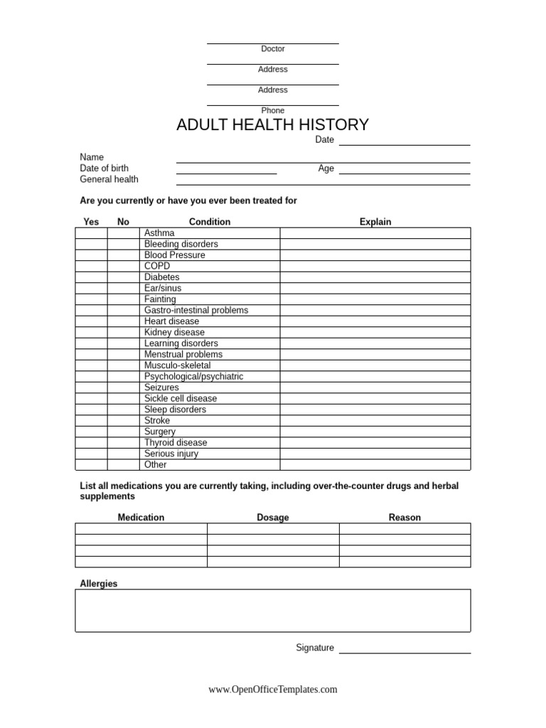 Adult Health History Form Template | PDF