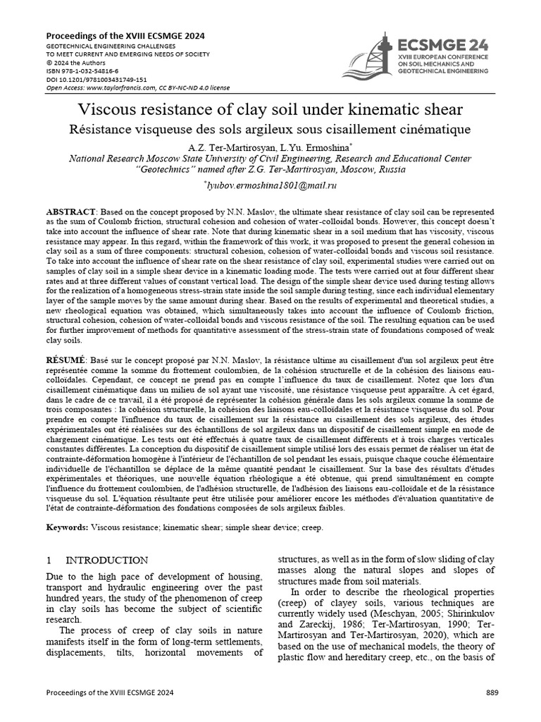 Viscous Resistance of Clay Soil Under Kinematic Sh | PDF | Viscosity ...