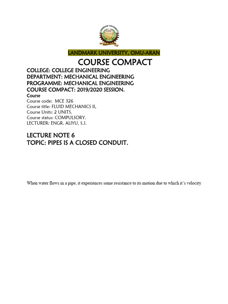 MCE 326 LECTURE NOTE-6-A Pipe Is A Closed Conduit | PDF | Liquids ...