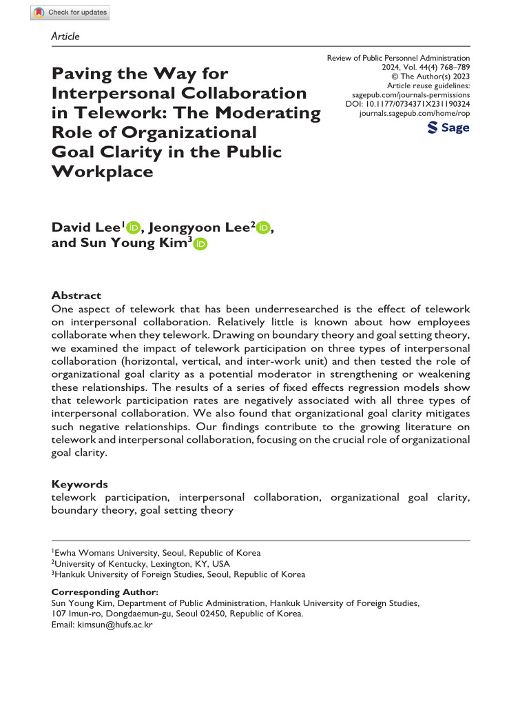 Lee Et Al 2023 Paving The Way For Interpersonal Collaboration in Telework The Moderating Role of ...