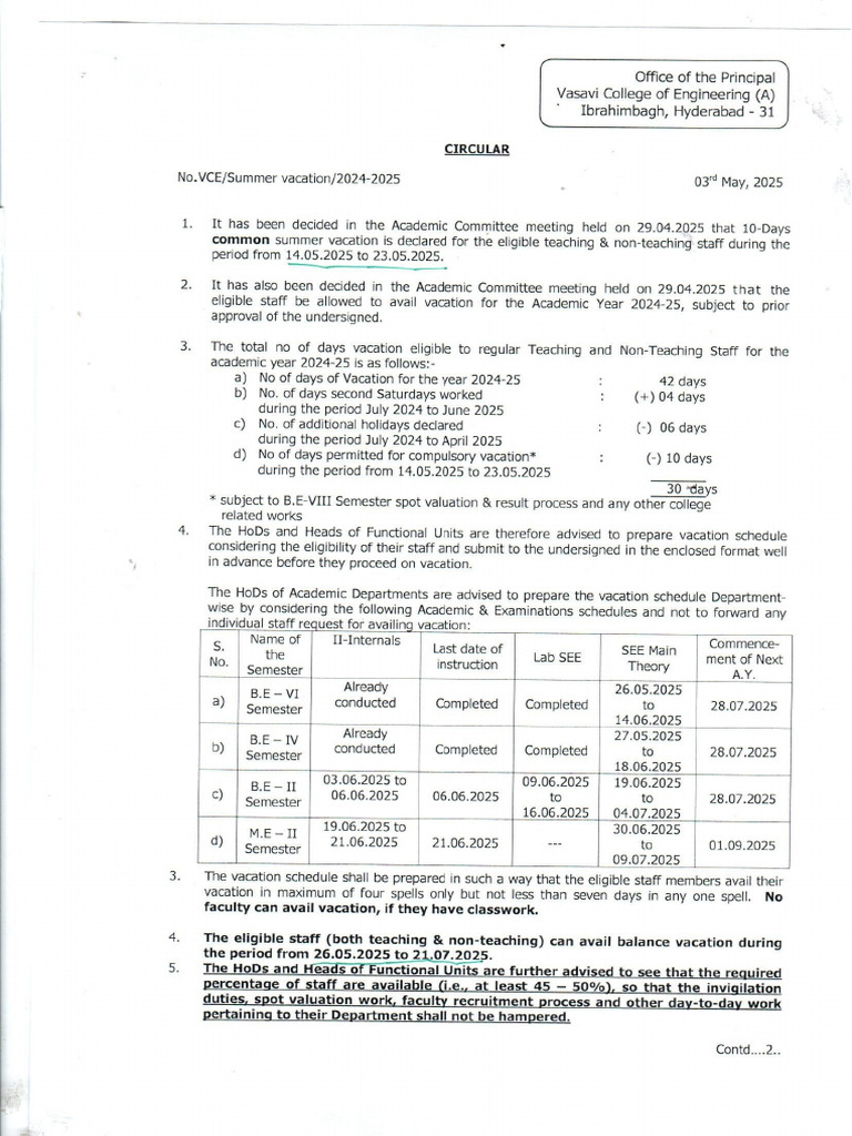 Circular - Staff Summer Vacation-03052025 | PDF