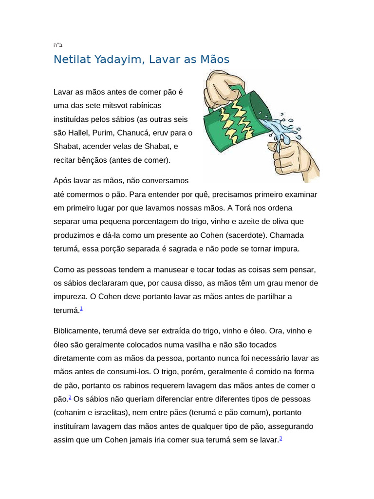 Netilat Yadayim: Importância e Práticas | PDF | Shabat | Pães