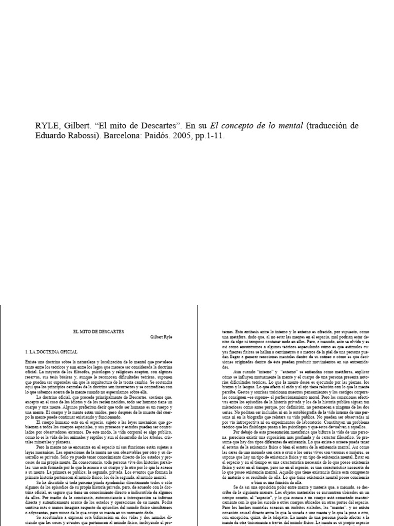 RYLE Gilbert. El Mito de Descartes. PP 1 11 | PDF | Mente | René Descartes