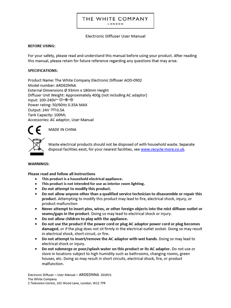 Electronic Diffuser Instruction Manual V5 | PDF | Ac Power Plugs And Sockets | Electricity