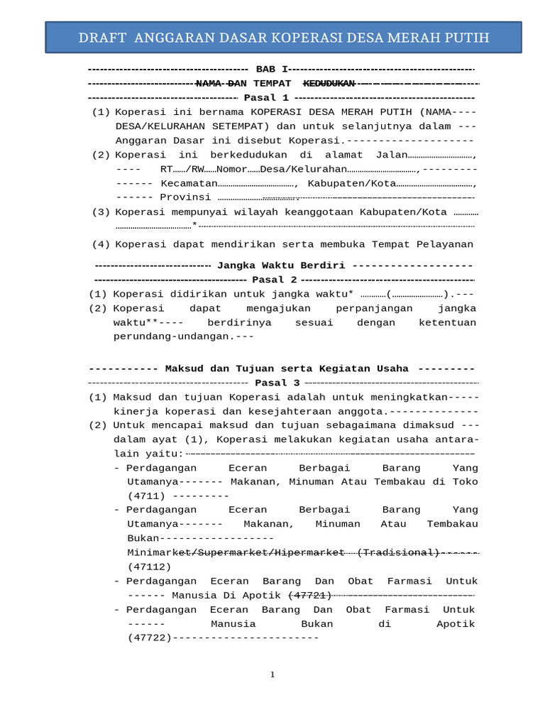 Anggaran Dasar Koperasi Merah Putih | PDF