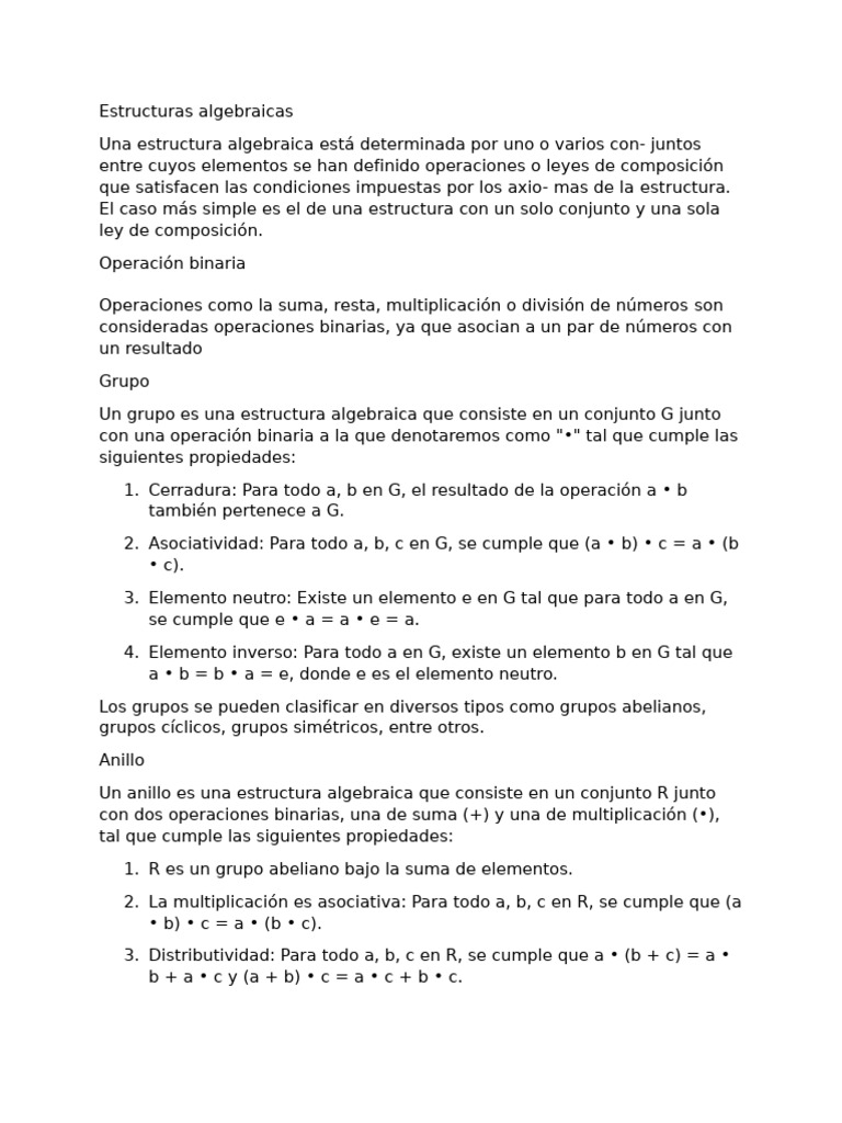 Estructuras algebraicas (1) | PDF | Anillo (Matemáticas) | Grupo (Matemáticas)