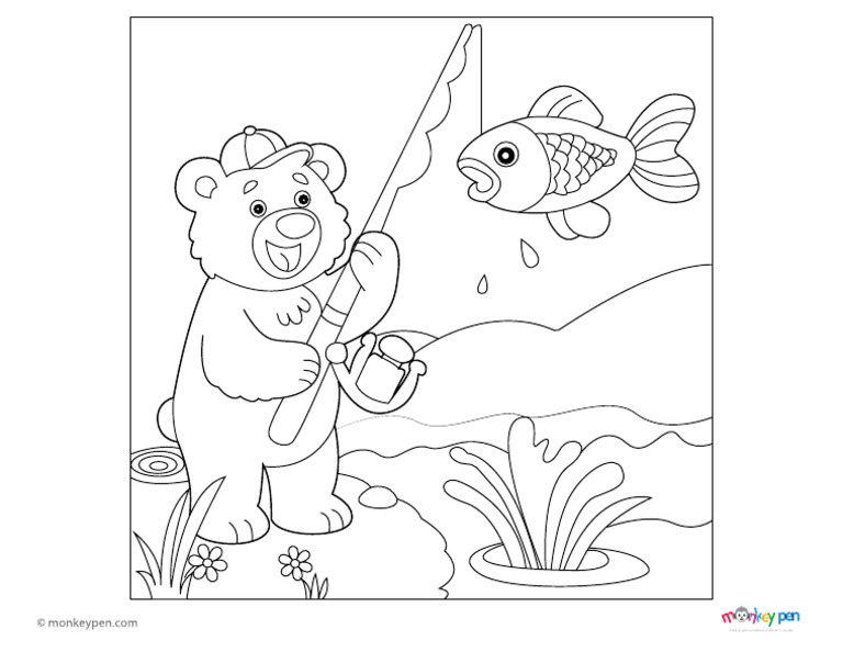 9 Bear Fishing in A River Colouring Page | PDF