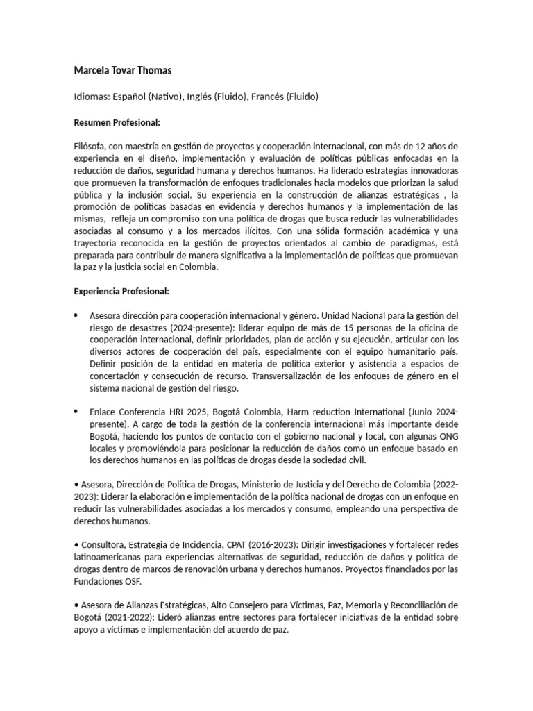 Marcela Tovar Thomas CV 2024 | PDF | Bogotá | Colombia