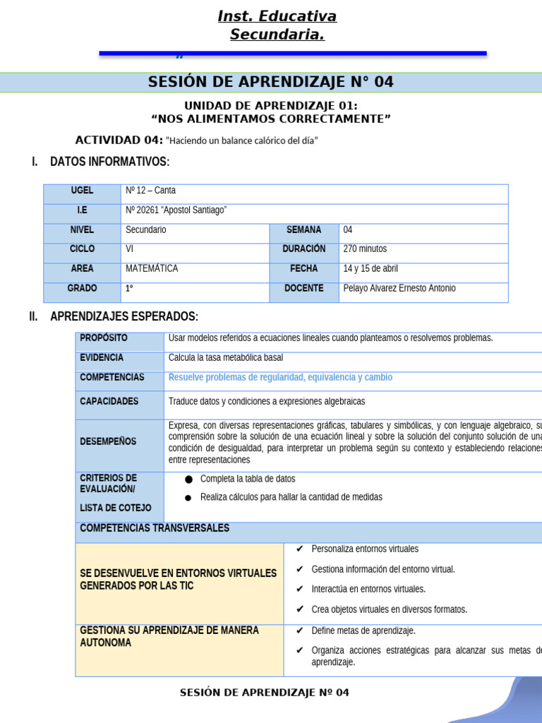 Balance Calórico en Secundaria: Sesión 04 | PDF | Aprendizaje | Ecuaciones