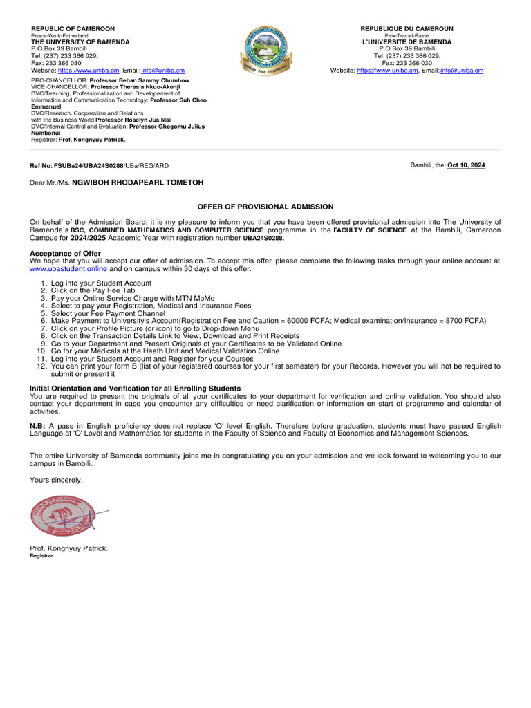 UBA24S0288 Admission Letter | PDF
