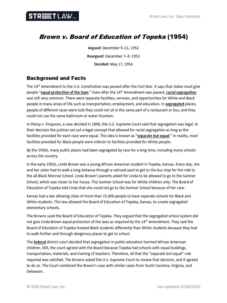 brown_v_board_of_ed_case_summary_ms_streetlaw | PDF | Brown V. Board Of ...