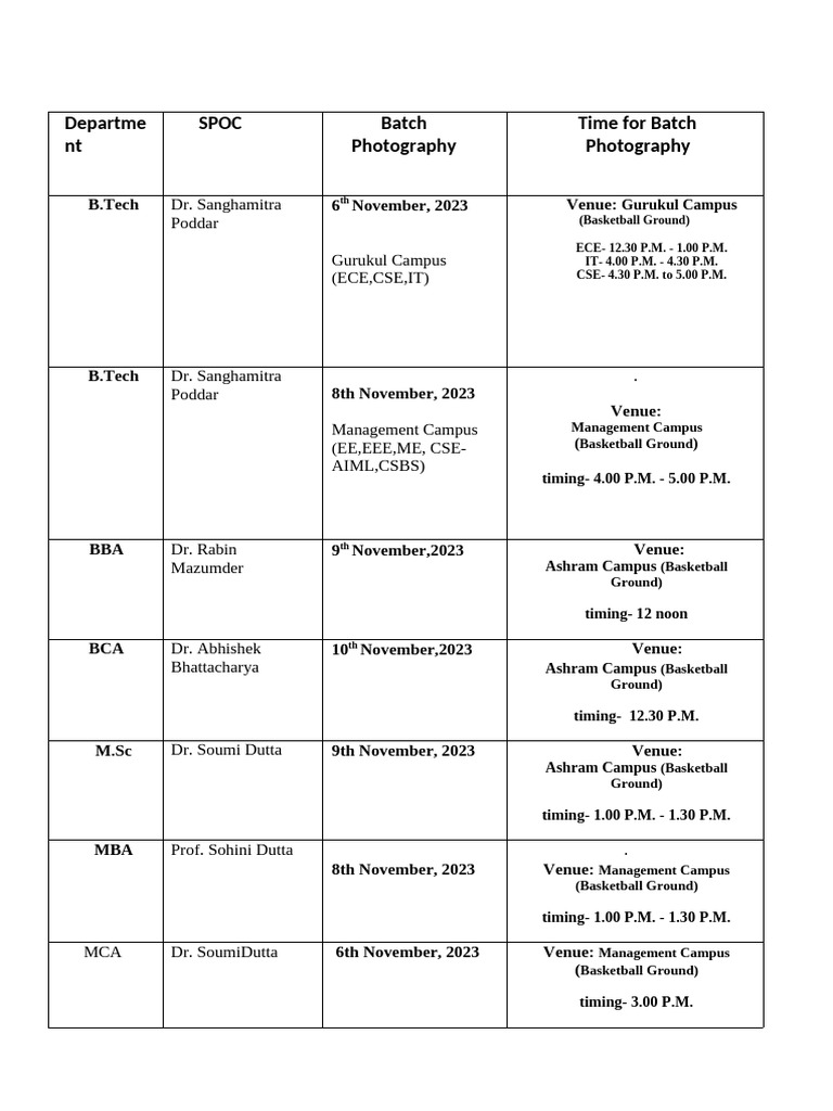 Batch Photography Schedule November 2023 | PDF