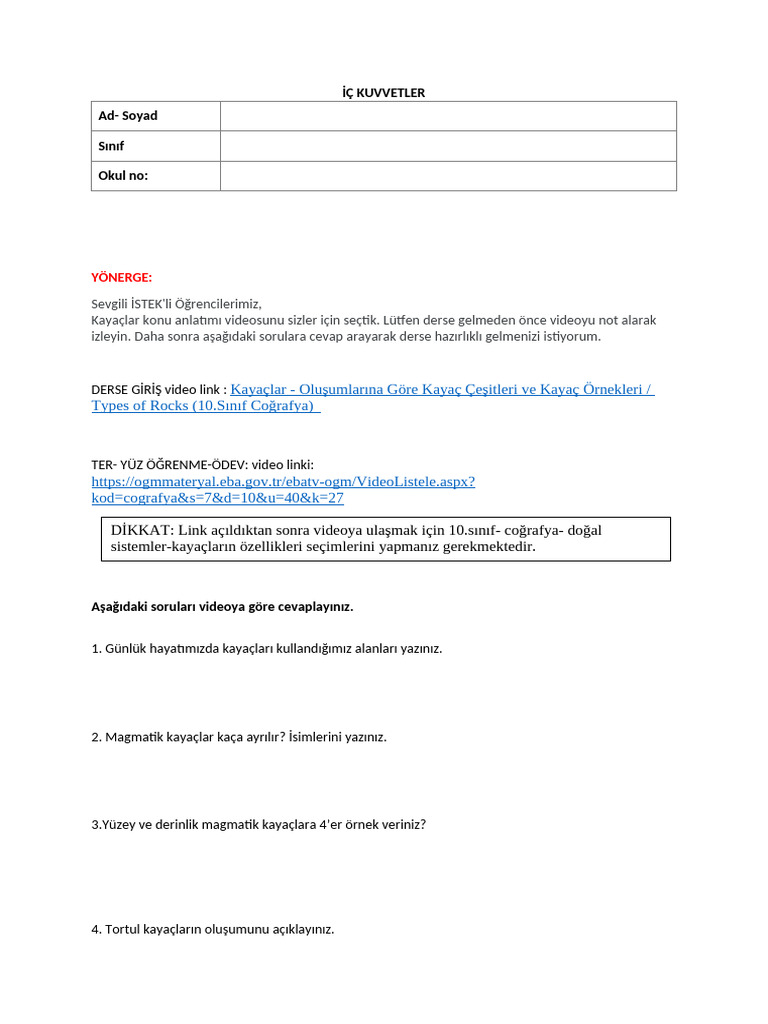 10.sinif Kayaclar Odevi | PDF