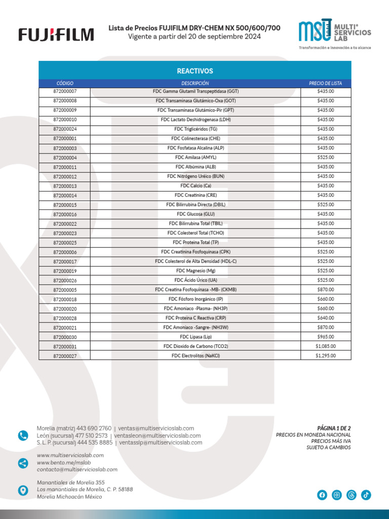 Lista de precios FUJIFILM MSLAB 2024 | PDF | Transaminasa | Biomoléculas
