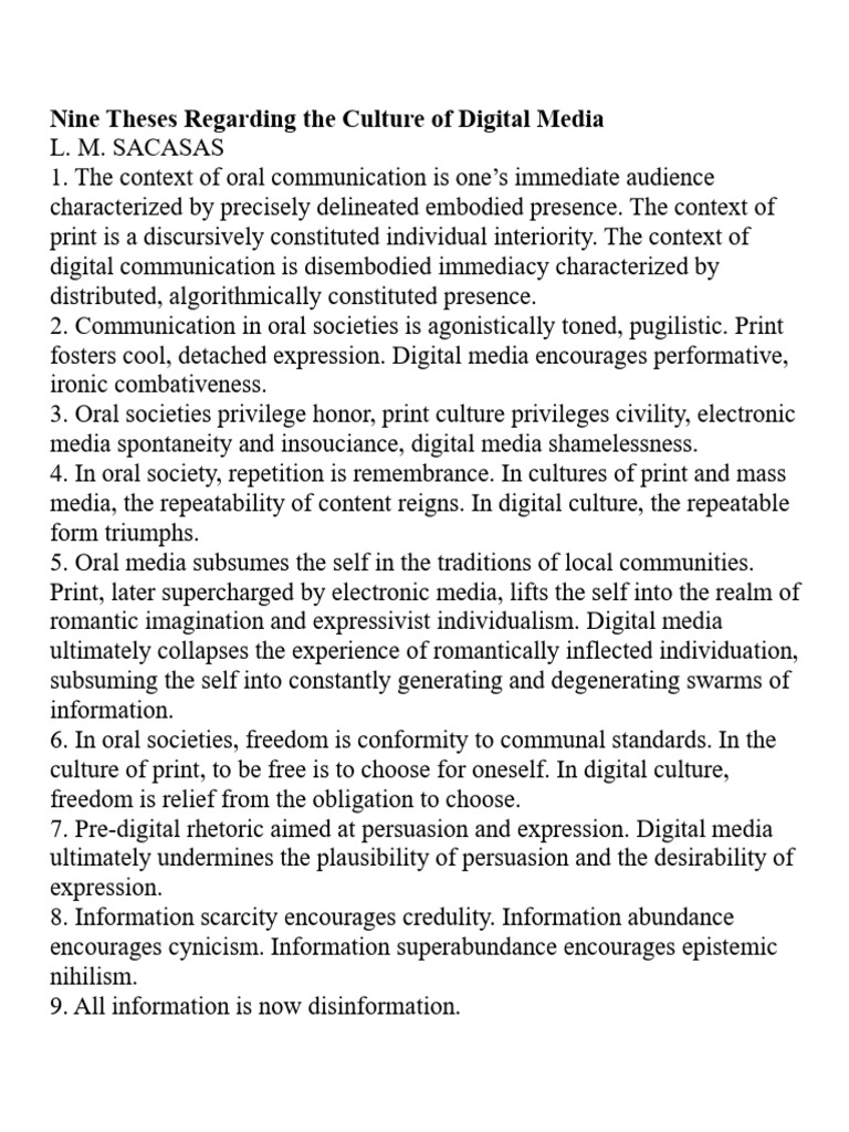 Nine Theses Regarding The Culture of Digital Media | PDF