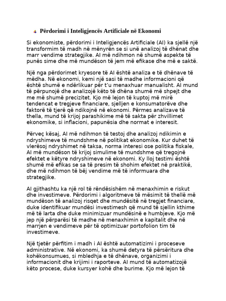 Përdorimi I Inteligjencës Artificiale Në Ekonomi | PDF