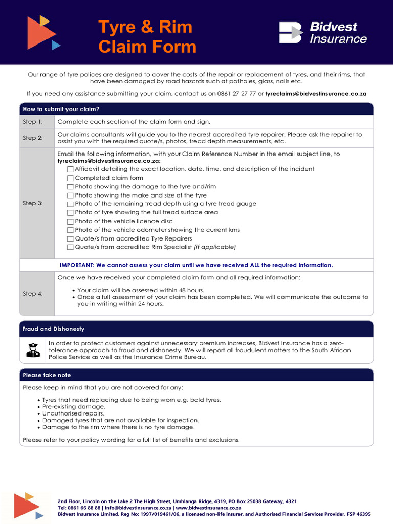 Bidvest Tyre Insurance Claim Guide | PDF | Tire | Dishonesty
