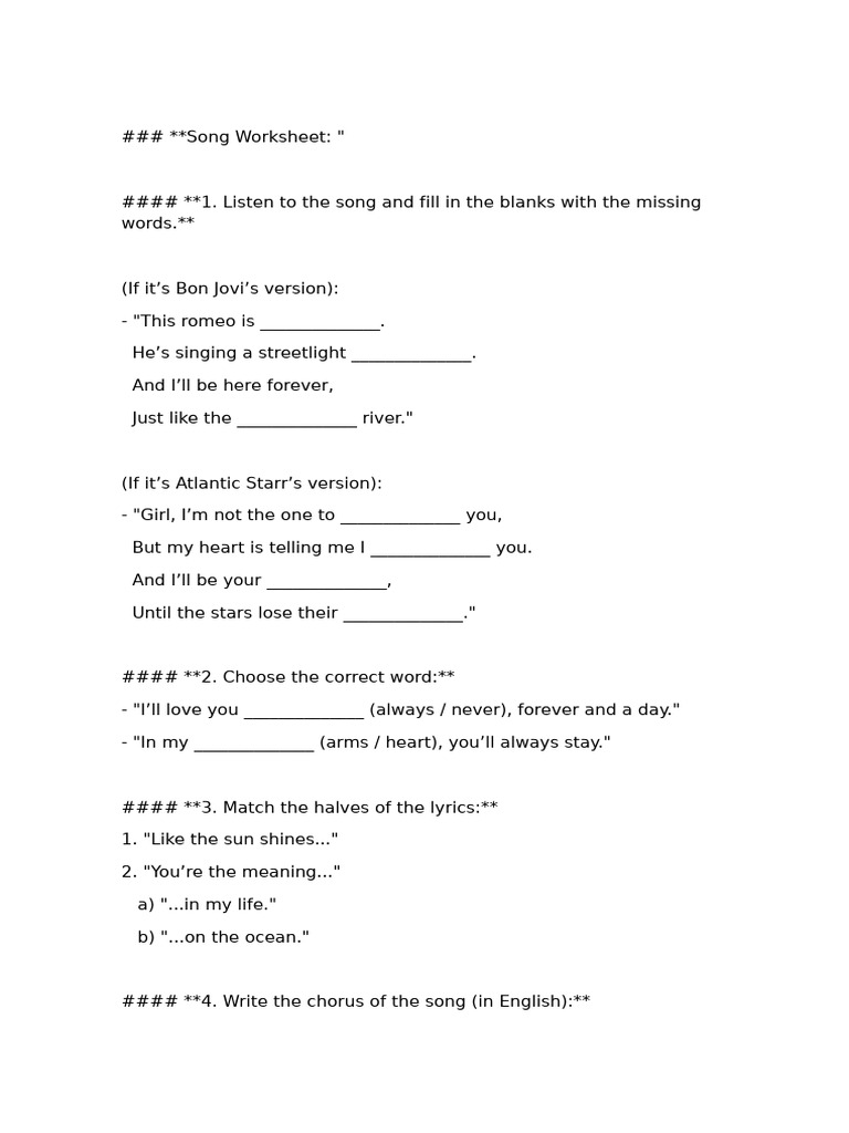 Song Lyrics Fill-in-the-Blank Worksheet | PDF